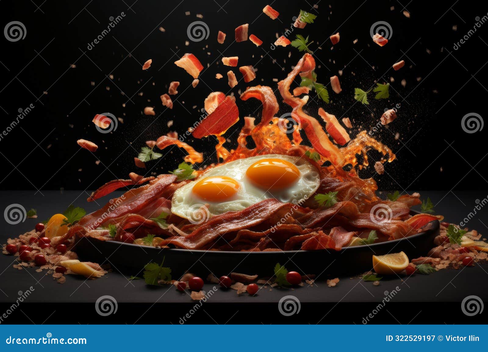 Flying Bacon Slices On Blue Background Creative AI Royalty-Free Stock ...