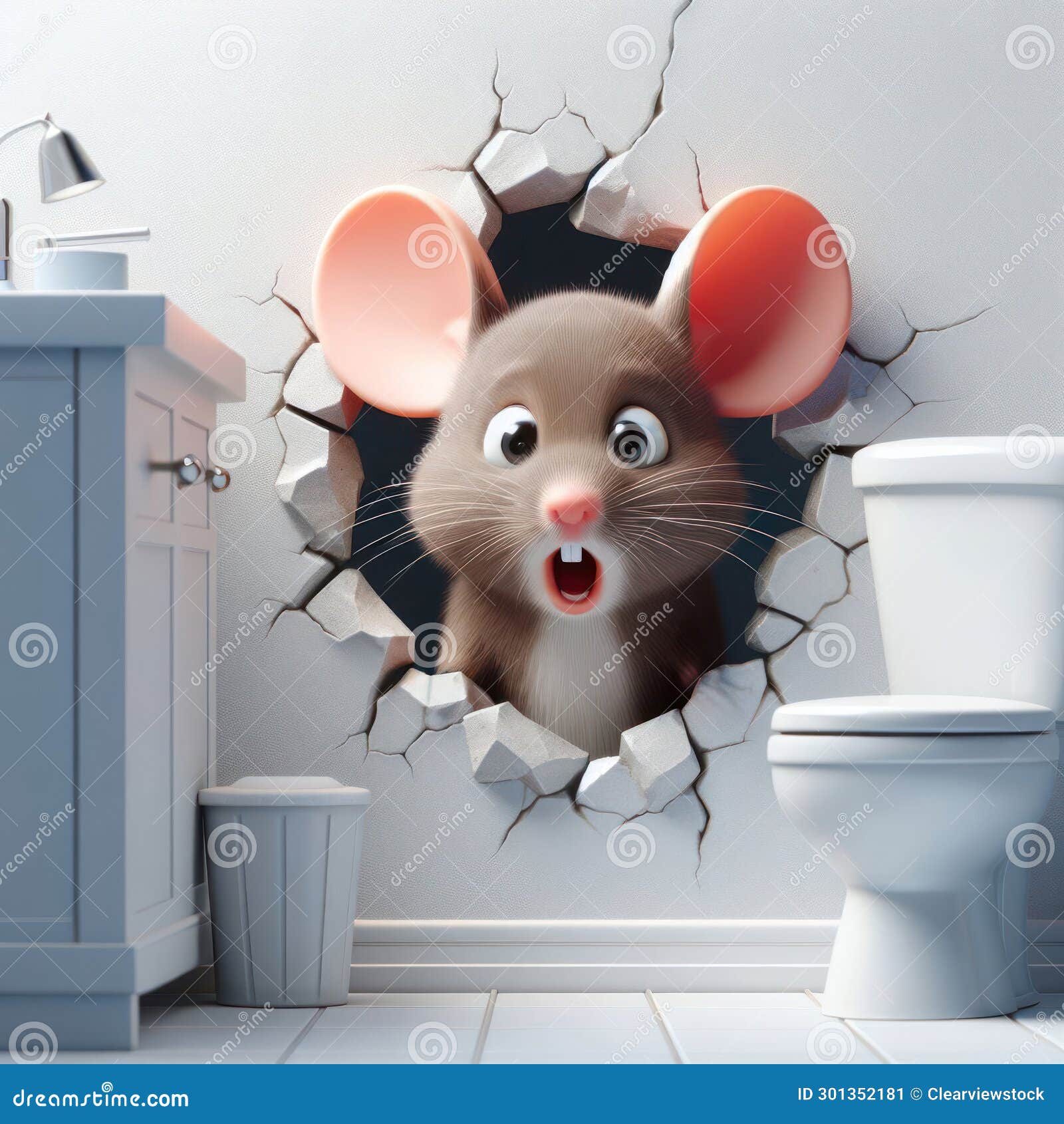 3d Illustration of a Funny Mouse Shocked by Hole in the Wall in ...