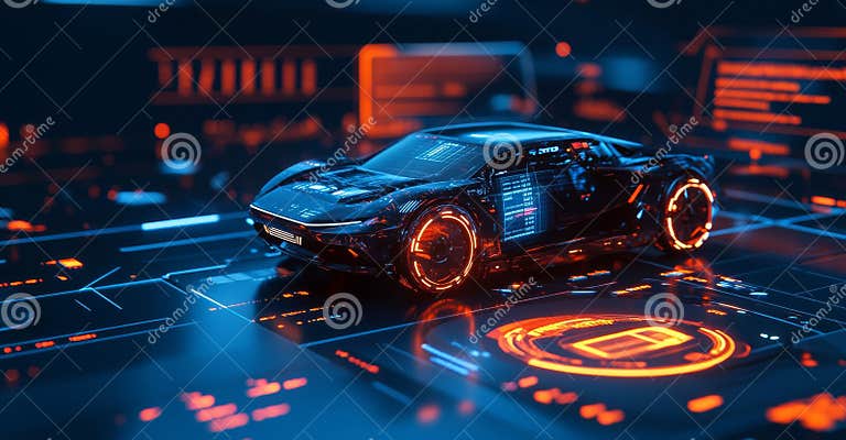 3D Illustration of Futuristic Car Technology with Wireframe ...