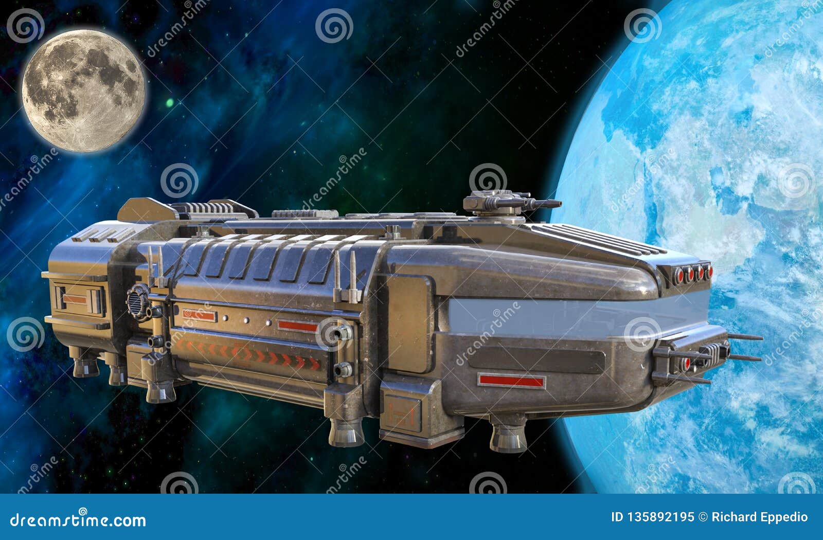 3D Illustration of a Futuristic Cargo Ship Approaching Earth Stock ...
