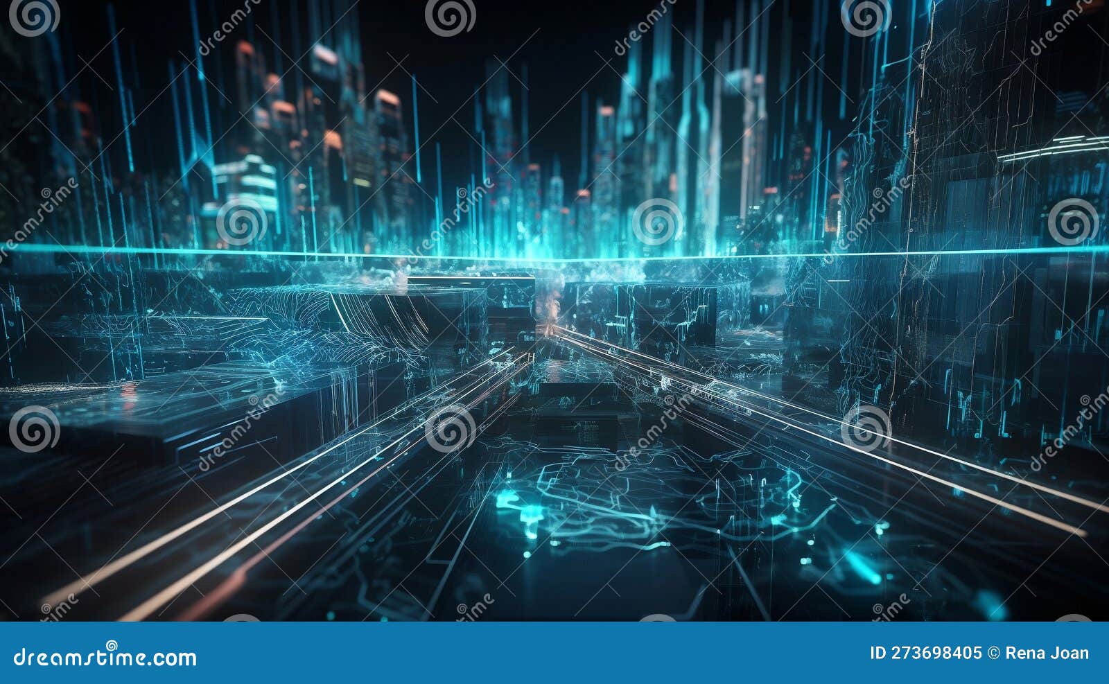 3D Illustration of a Futuristic Data Stream with Futuristic City ...