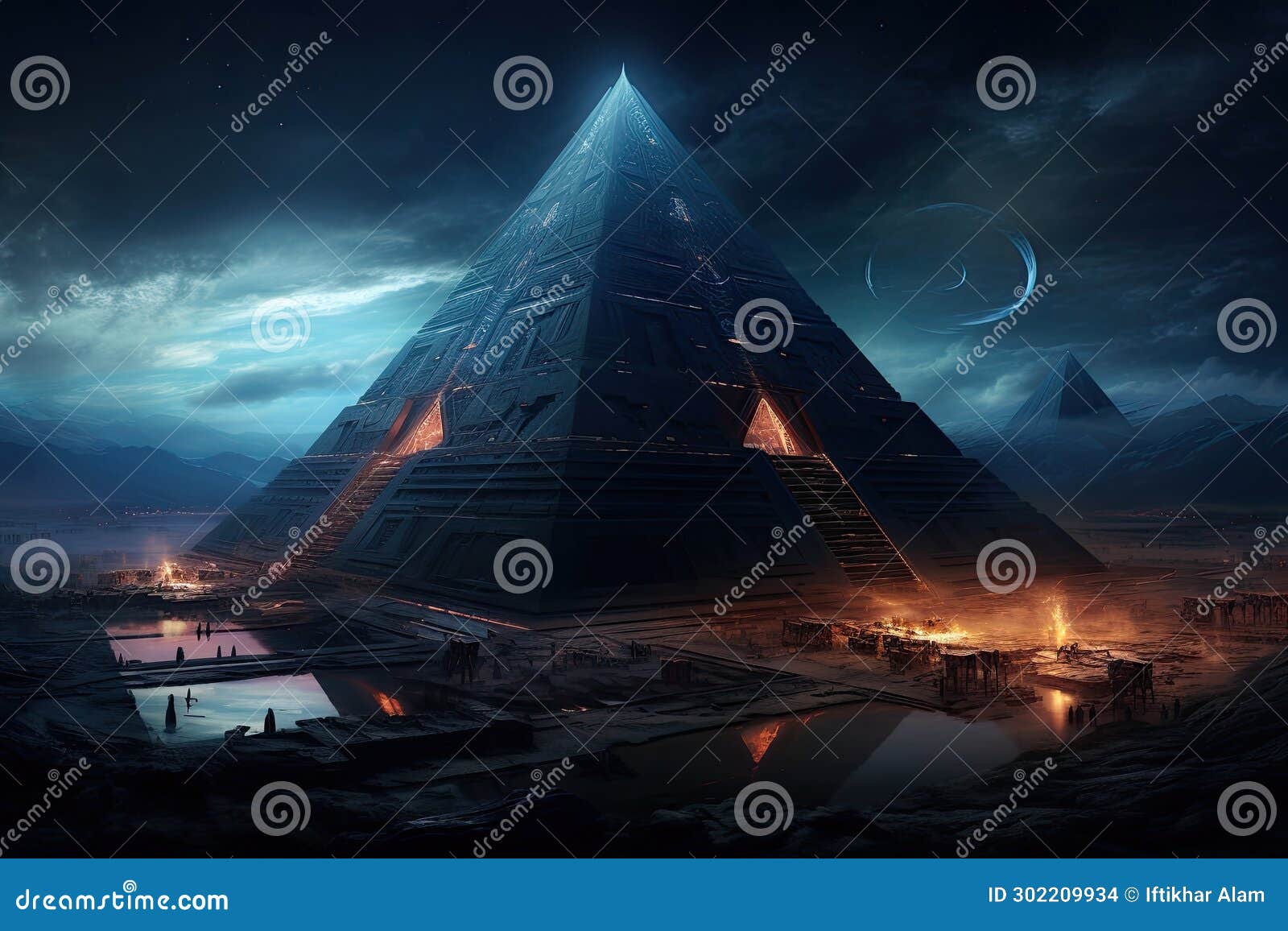 3D Illustration of a Futuristic Landscape with a Pyramids at Night, AI ...