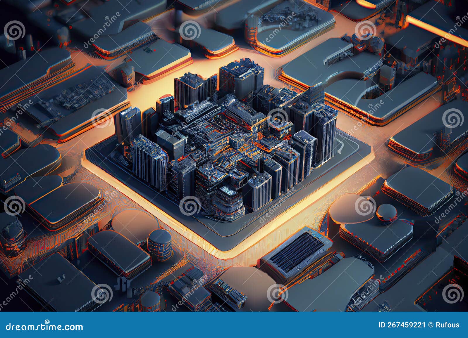 3d Illustration of Futuristic Micro Chip City. Computer Science ...