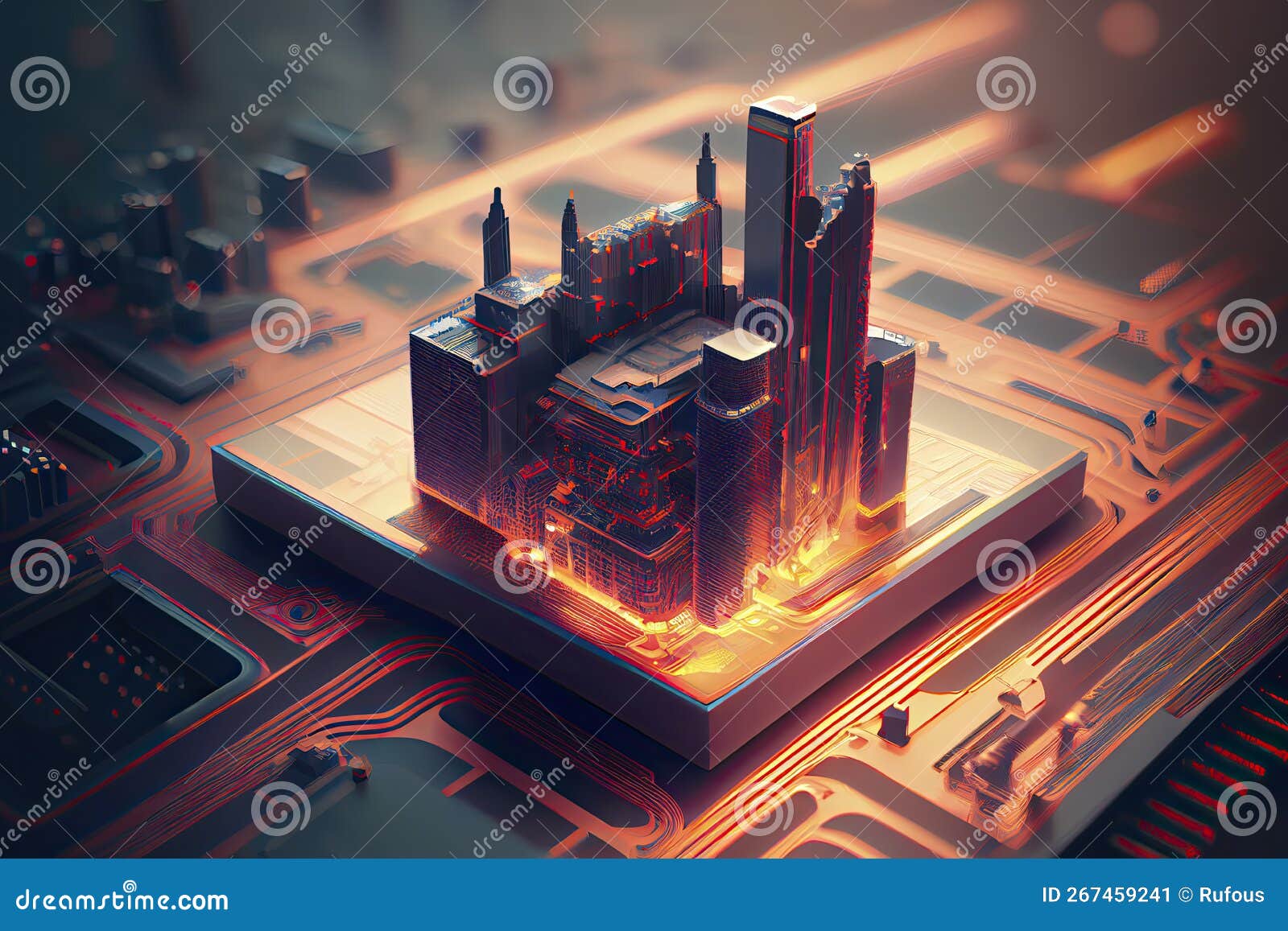 3d Illustration of Futuristic Micro Chip City. Computer Science ...