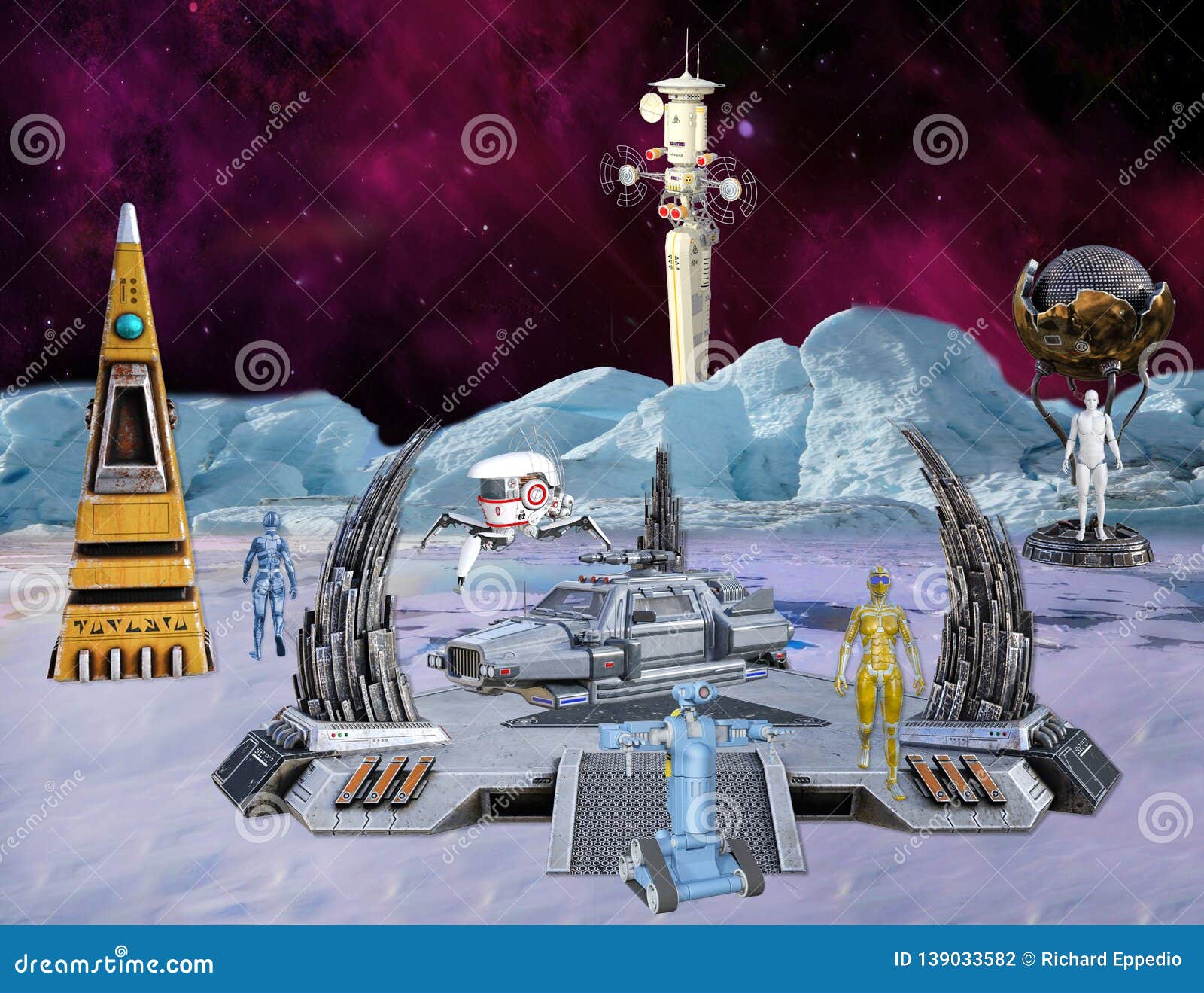 3D Illustration of Futuristic Space Base Inhabited with AI Robots Stock ...