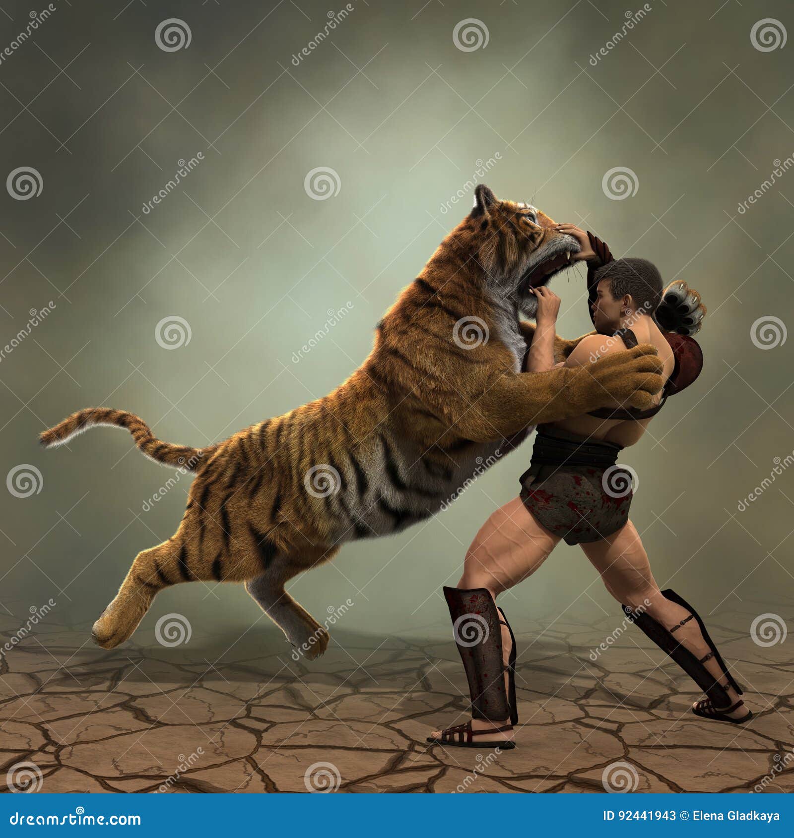 3D Illustration of a Gladiator Fighting with a Tiger Stock Illustration ...