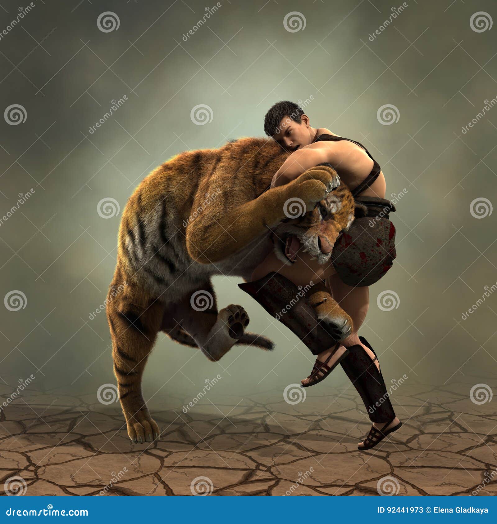 3D Illustration of a Gladiator Fighting with a Tiger Stock Illustration ...
