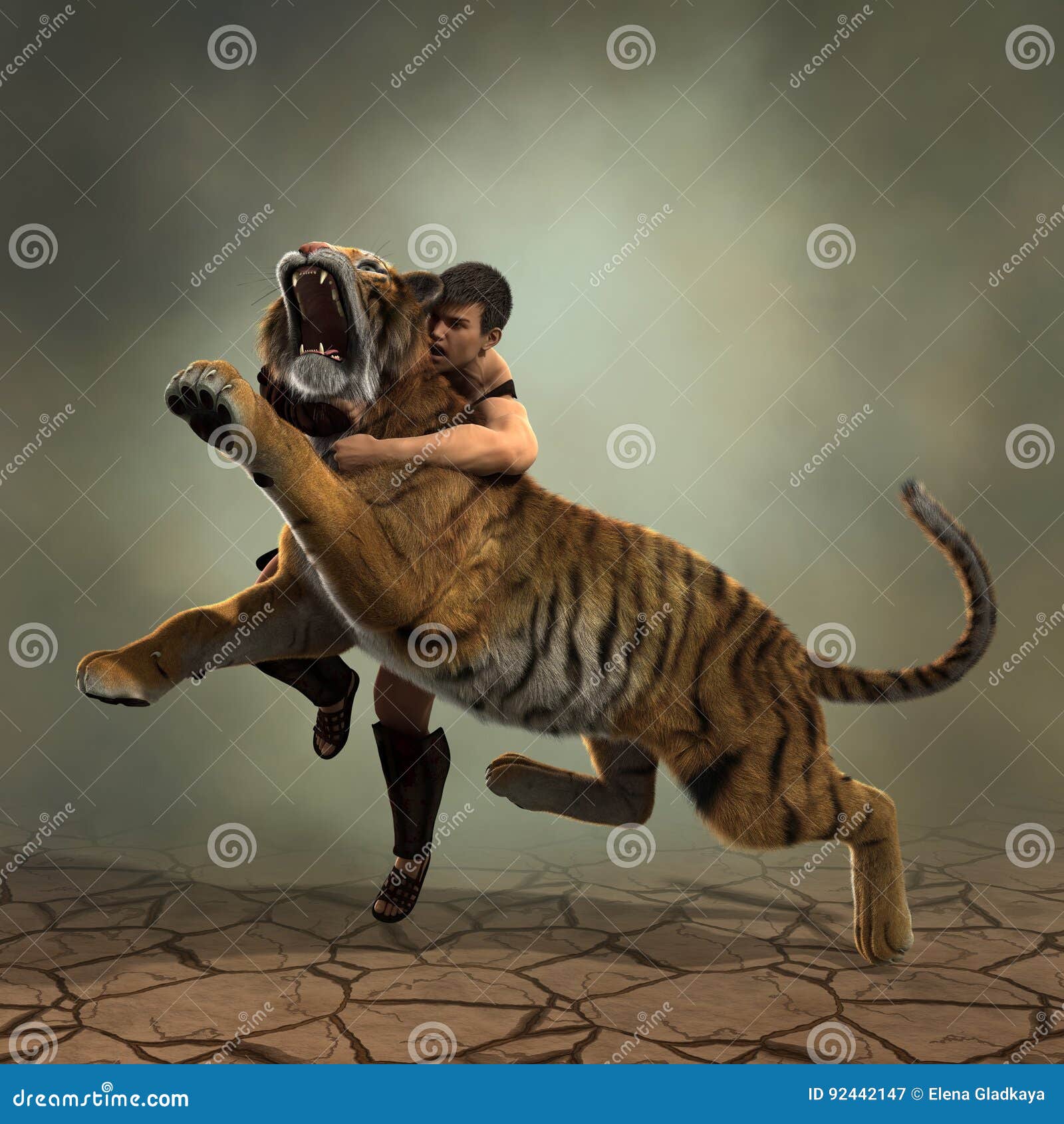 3D Illustration of a Gladiator Fighting with a Tiger Stock Illustration ...