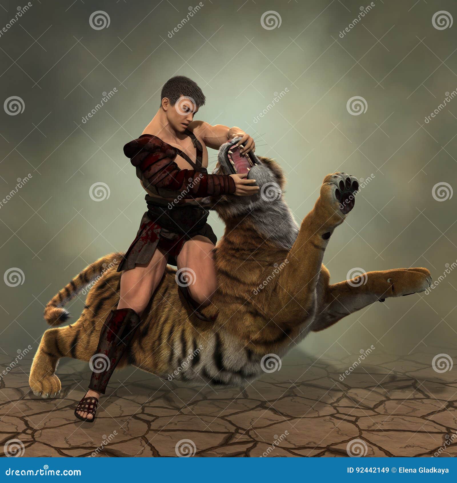 3D Illustration of a Gladiator Fighting with a Tiger Stock Illustration ...