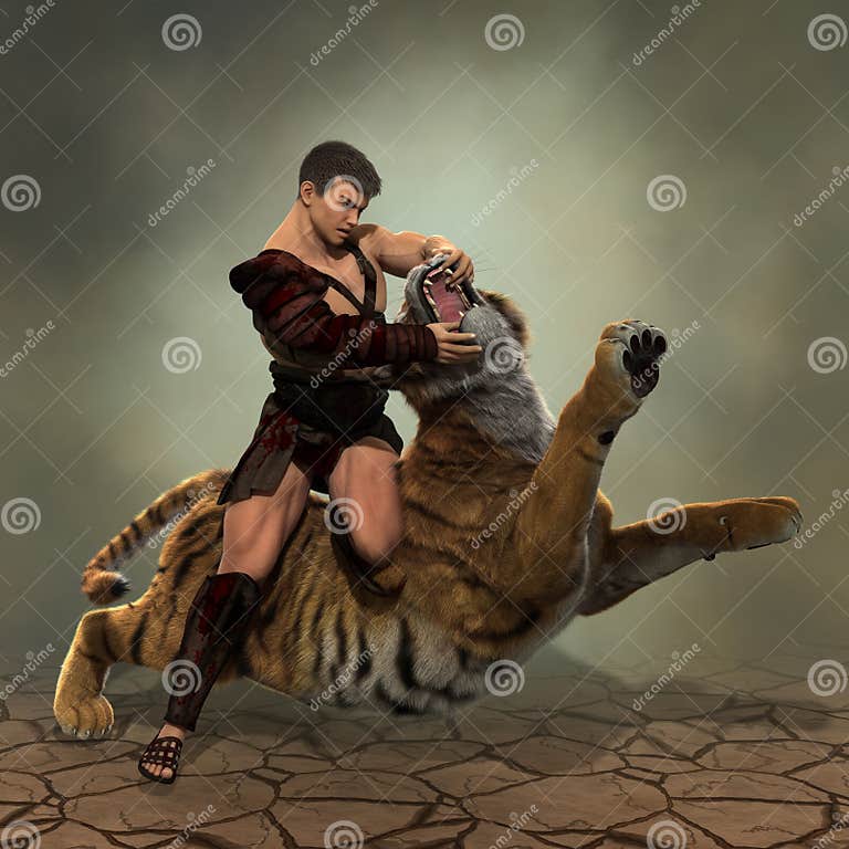 3D Illustration of a Gladiator Fighting with a Tiger Stock Illustration ...