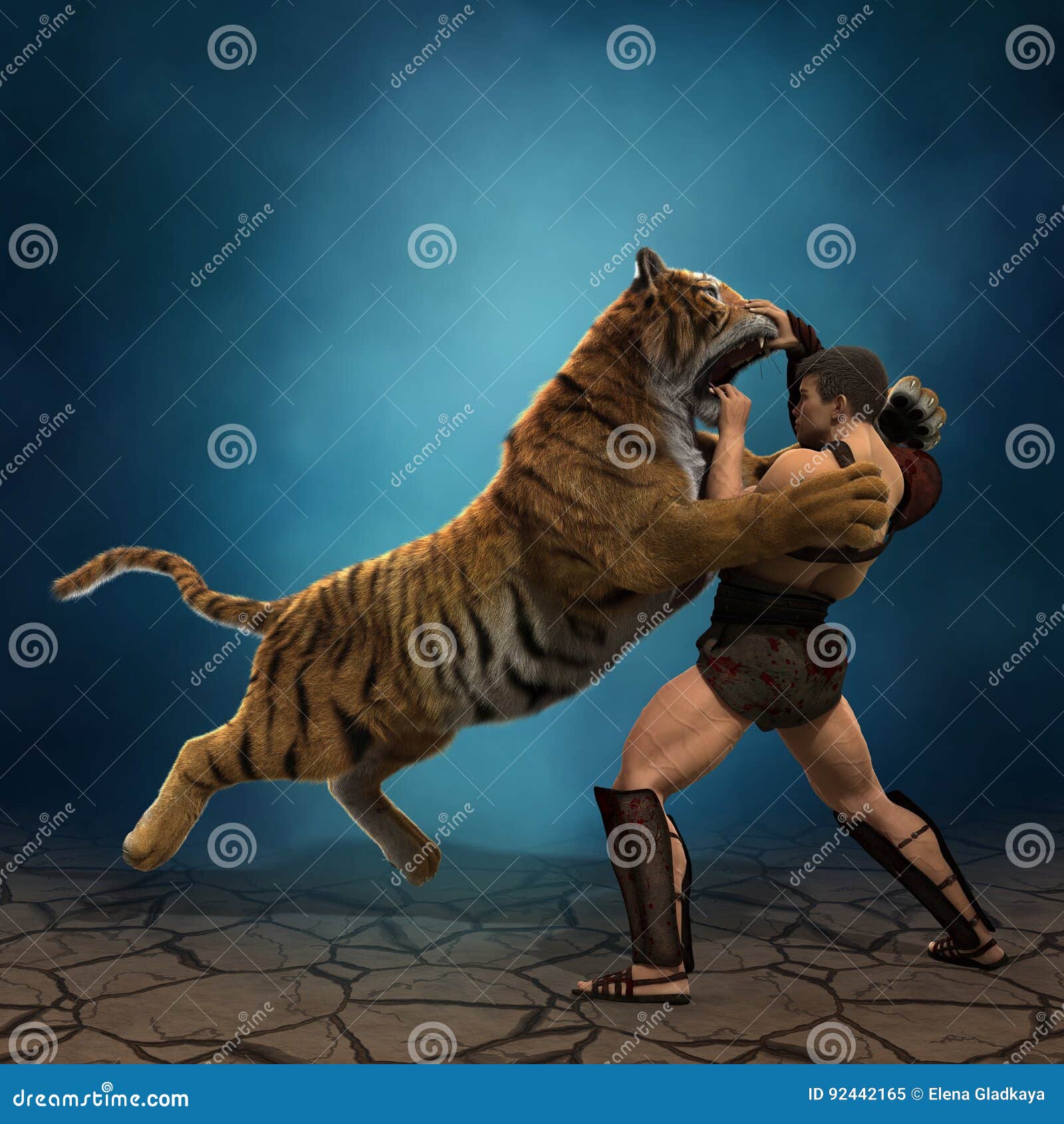 3D Illustration of a Gladiator Fighting with a Tiger Stock Illustration ...