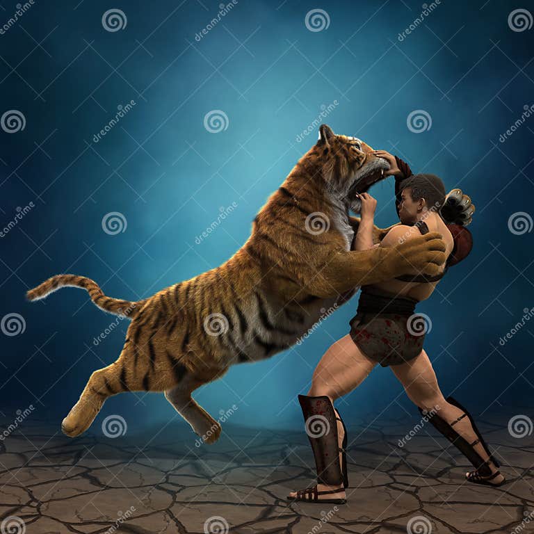 3D Illustration of a Gladiator Fighting with a Tiger Stock Illustration ...