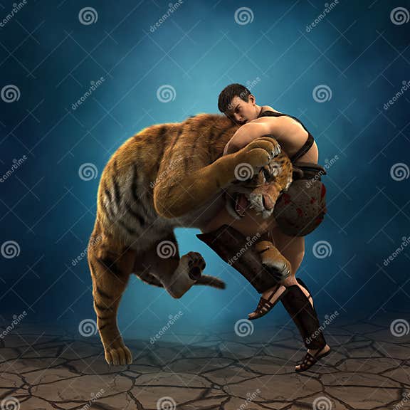 3D Illustration of a Gladiator Fighting with a Tiger Stock Illustration ...