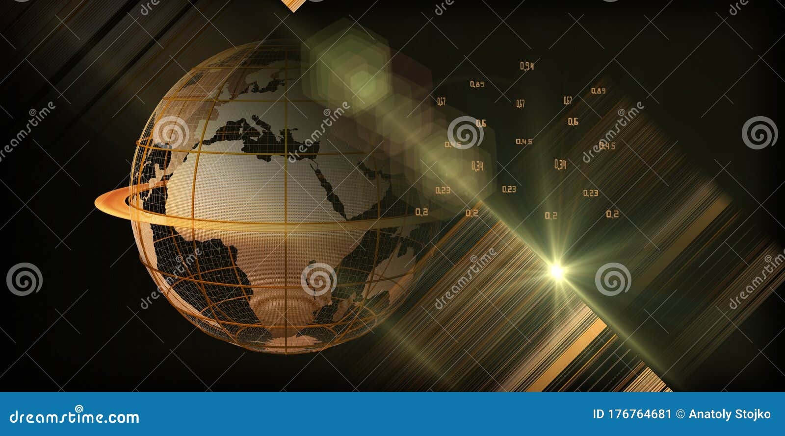3d Illustration Global Network Background. Golden Earth Grid with Map ...