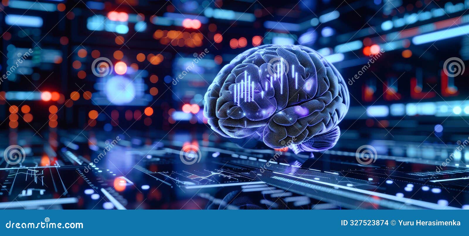 A 3D Illustration of a Glowing Human Brain, Embedded with Data and ...