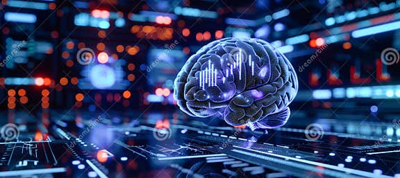 A 3D Illustration of a Glowing Human Brain, Embedded with Data and ...