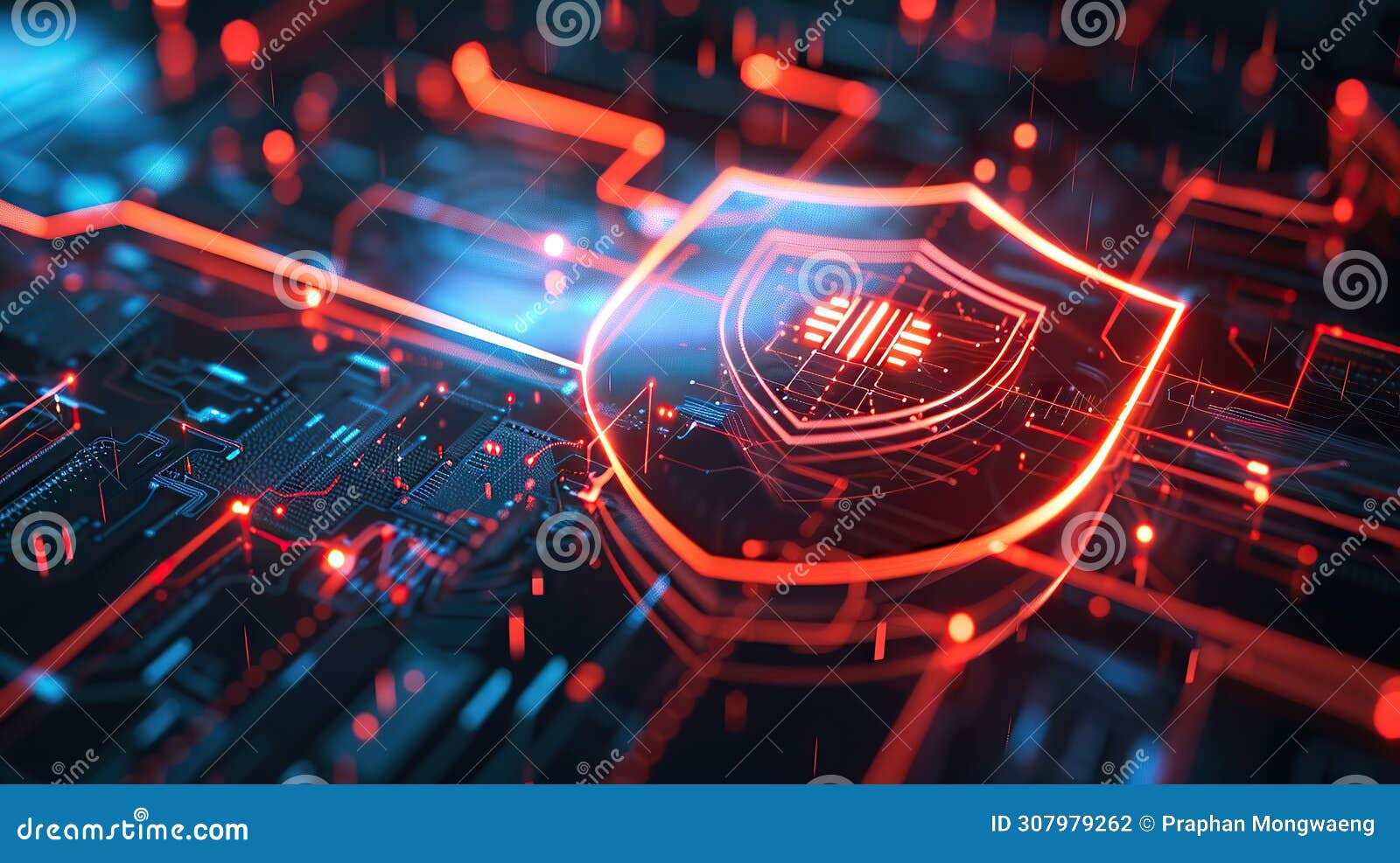 3D Illustration of a Glowing Security Shield Symbol on a High-tech ...