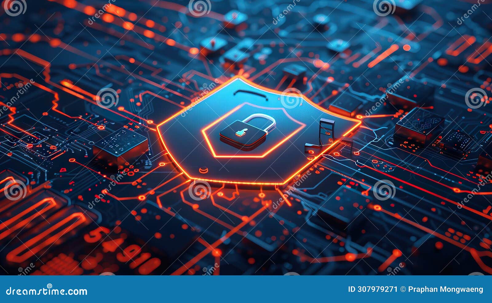 3D Illustration of a Glowing Security Shield Symbol on a High-tech ...