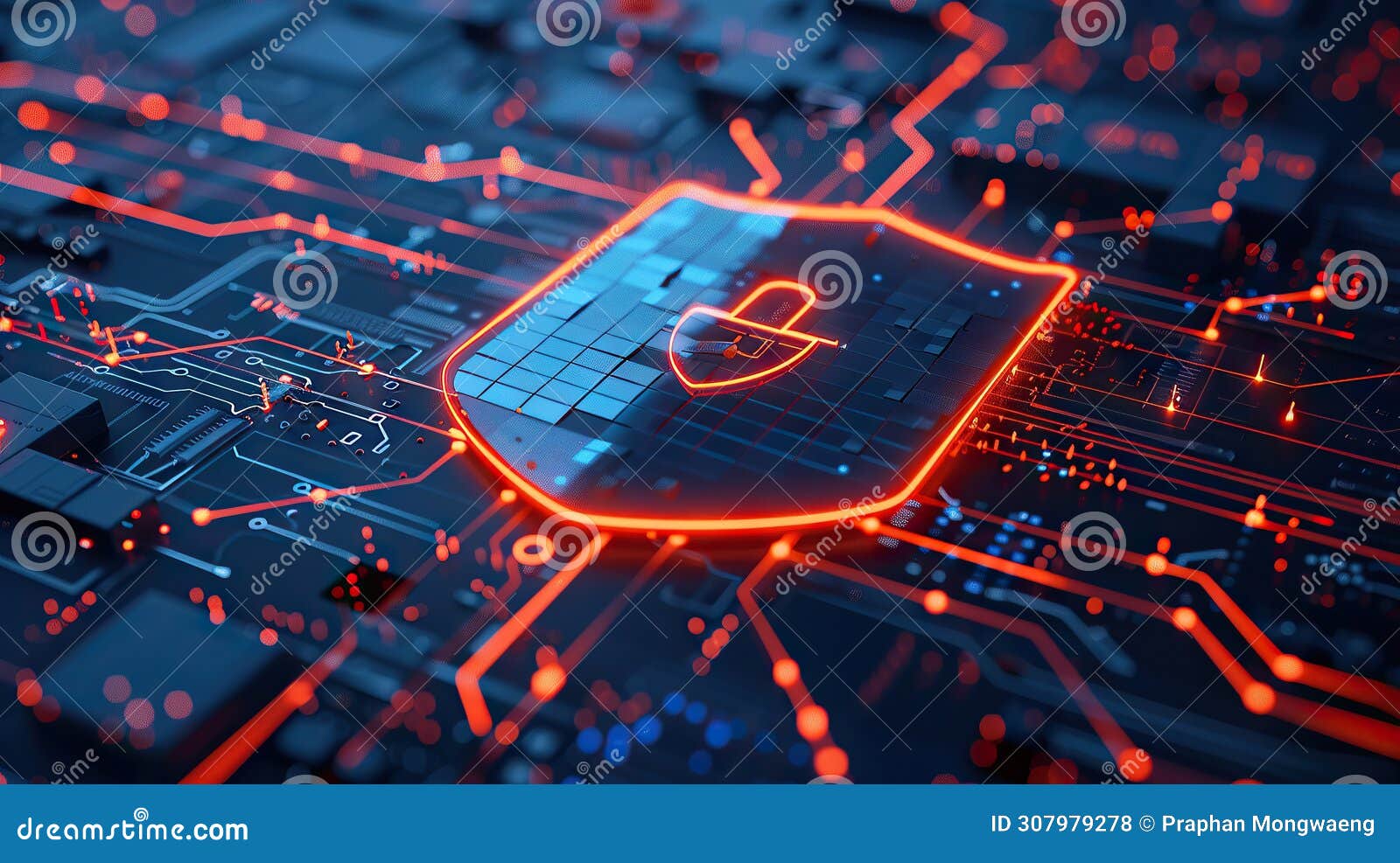 3D Illustration of a Glowing Security Shield Symbol on a High-tech ...