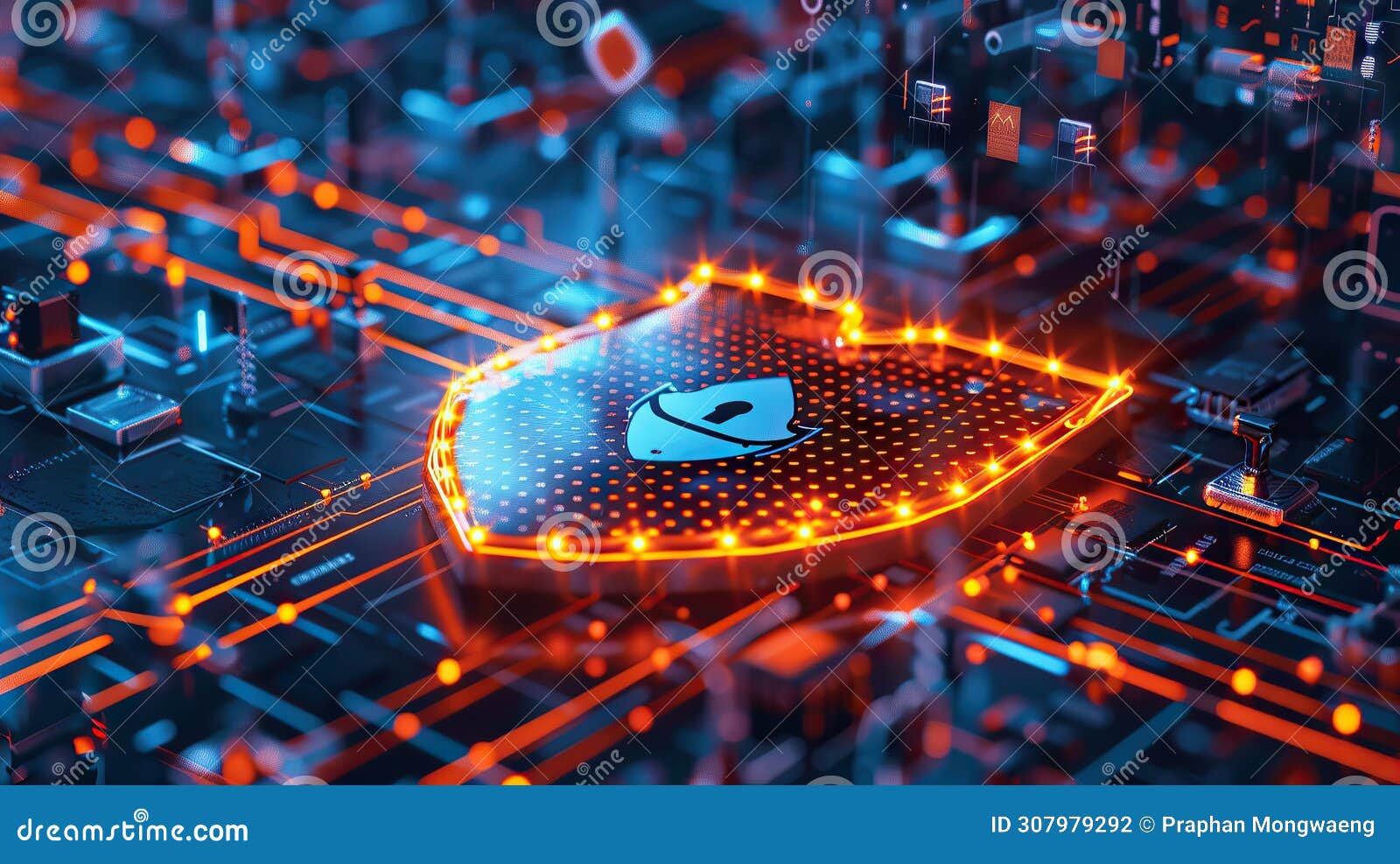 3D Illustration of a Glowing Security Shield Symbol on a High-tech ...