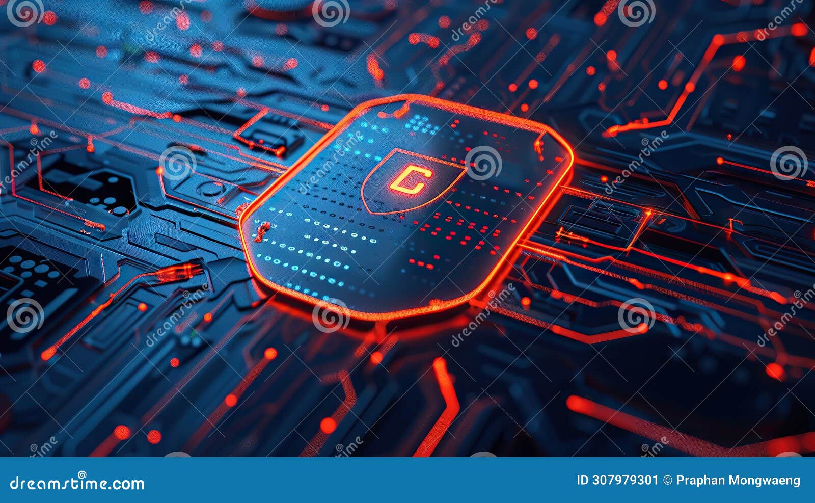 3D Illustration of a Glowing Security Shield Symbol on a High-tech ...
