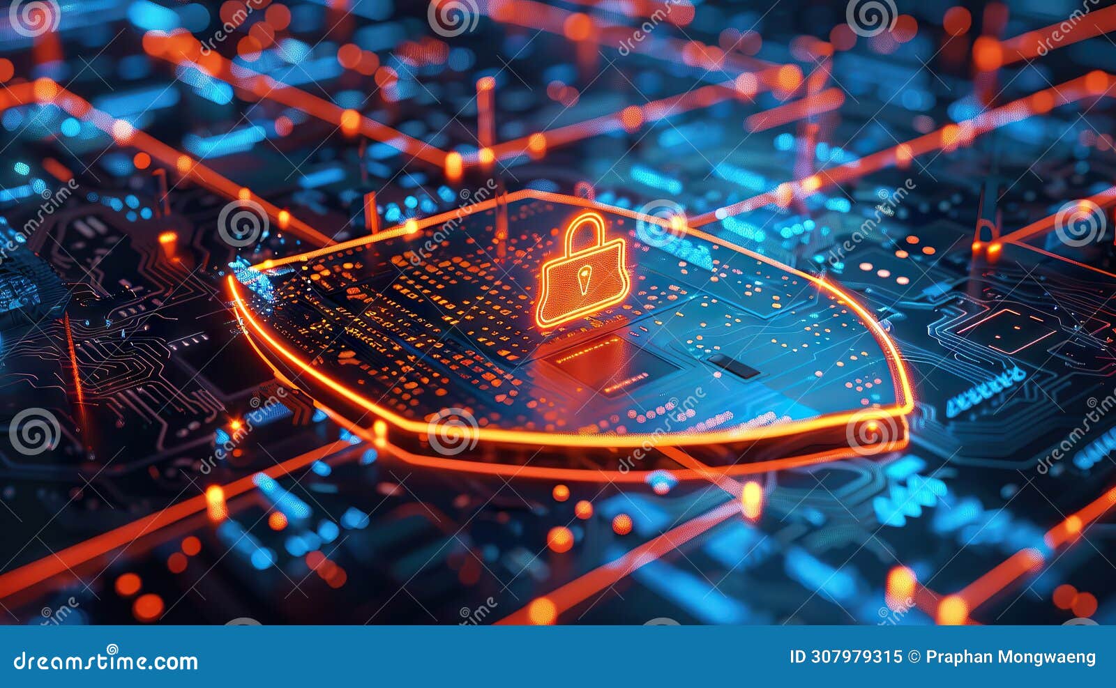 3D Illustration of a Glowing Security Shield Symbol on a High-tech ...