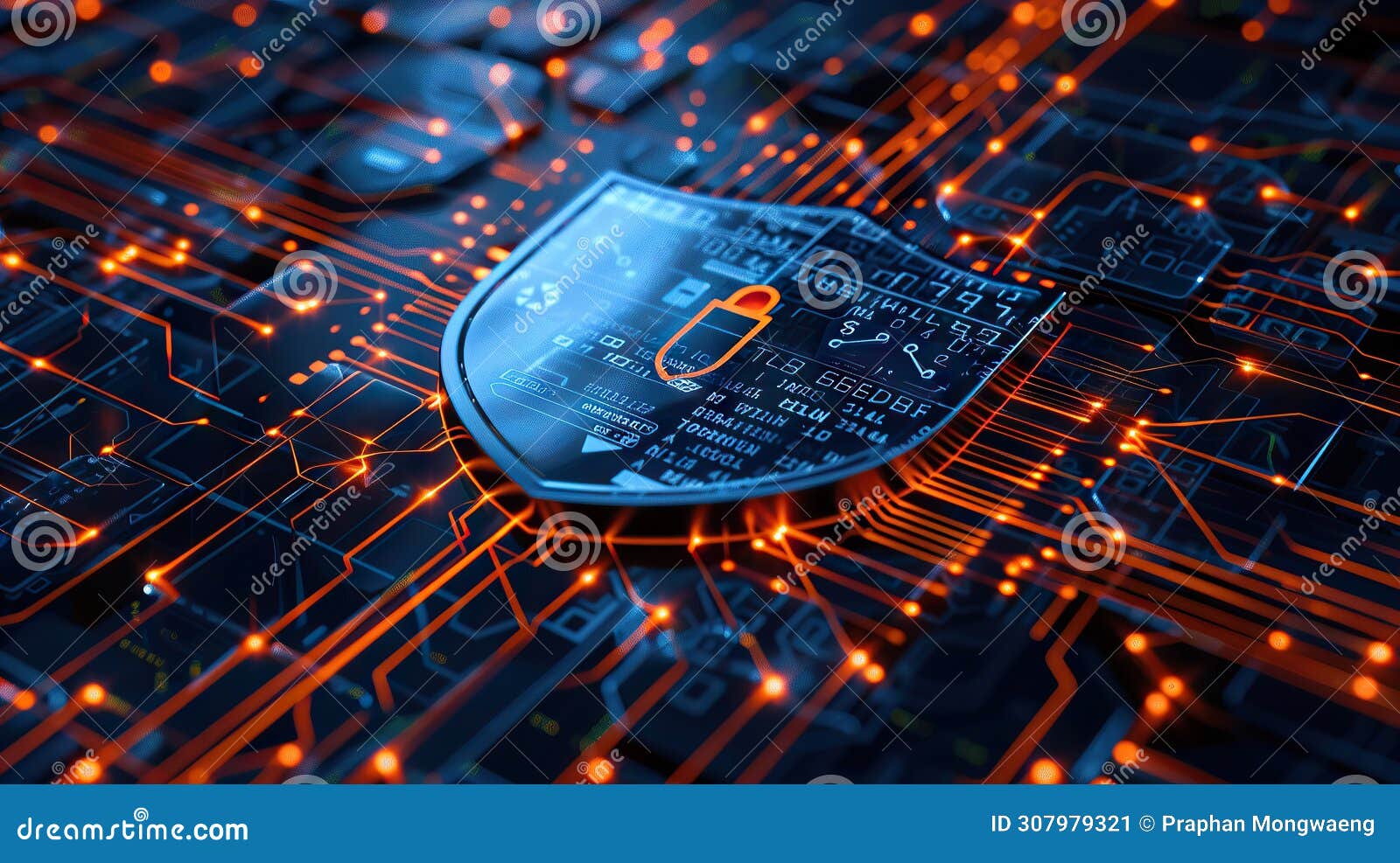 3D Illustration of a Glowing Security Shield Symbol on a High-tech ...