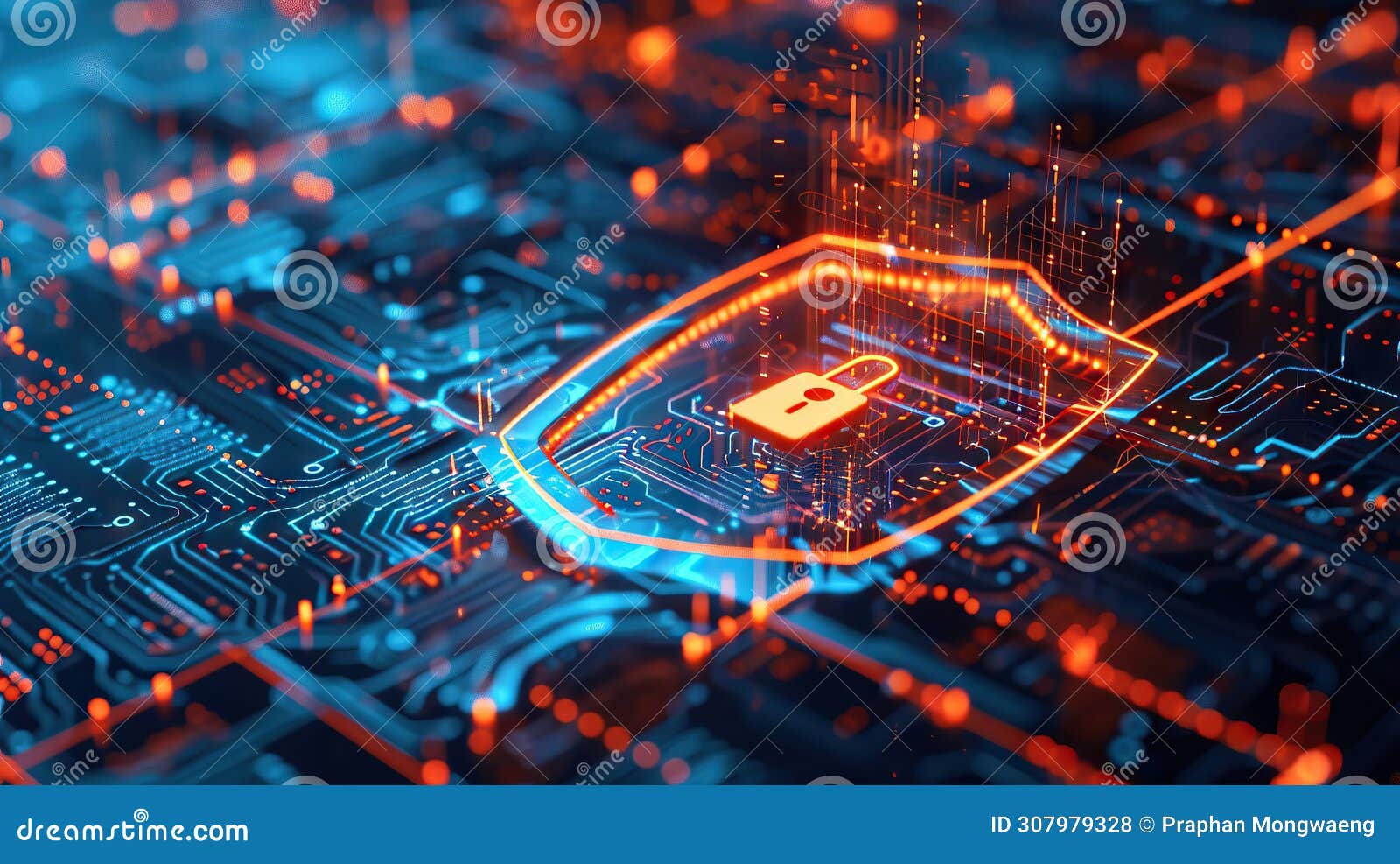 3D Illustration of a Glowing Security Shield Symbol on a High-tech ...