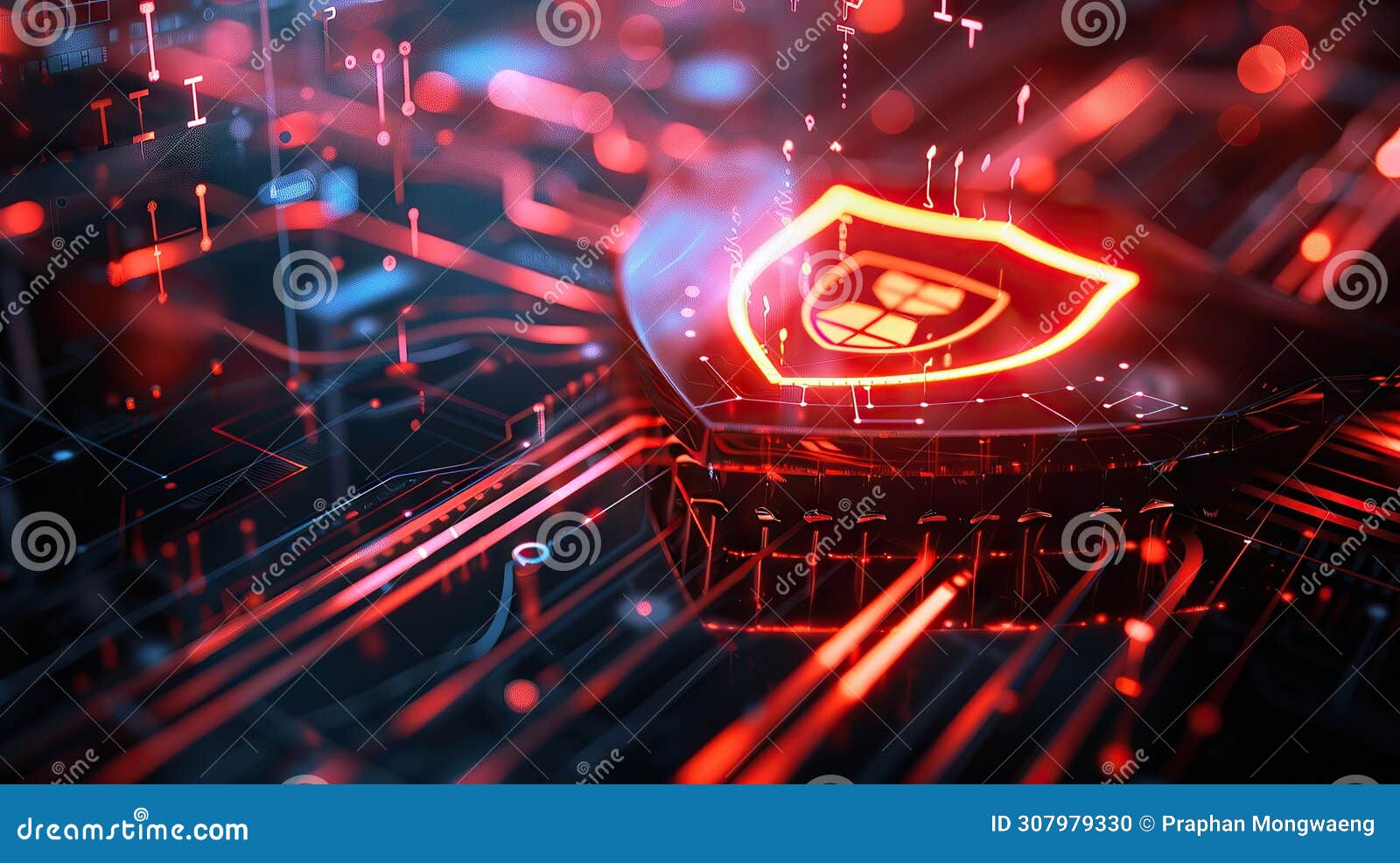 3D Illustration of a Glowing Security Shield Symbol on a High-tech ...