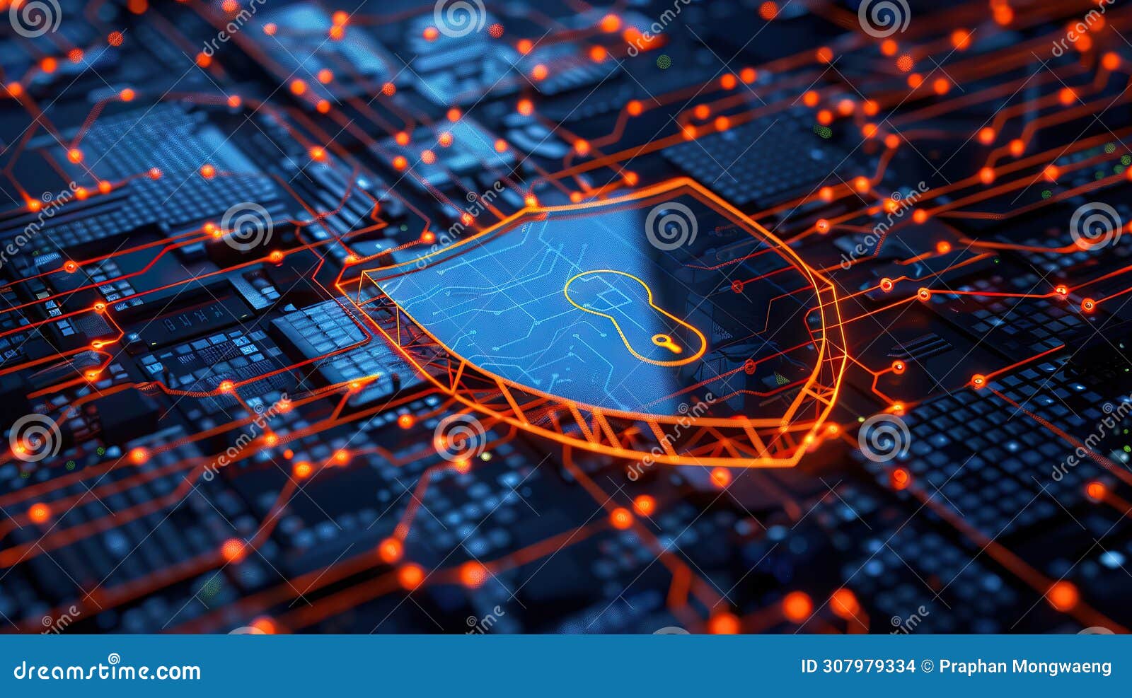 3D Illustration of a Glowing Security Shield Symbol on a High-tech ...