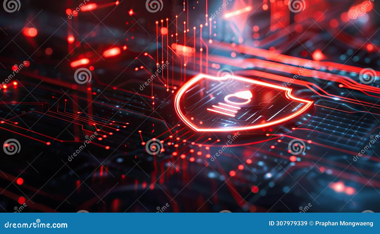 3D Illustration of a Glowing Security Shield Symbol on a High-tech ...