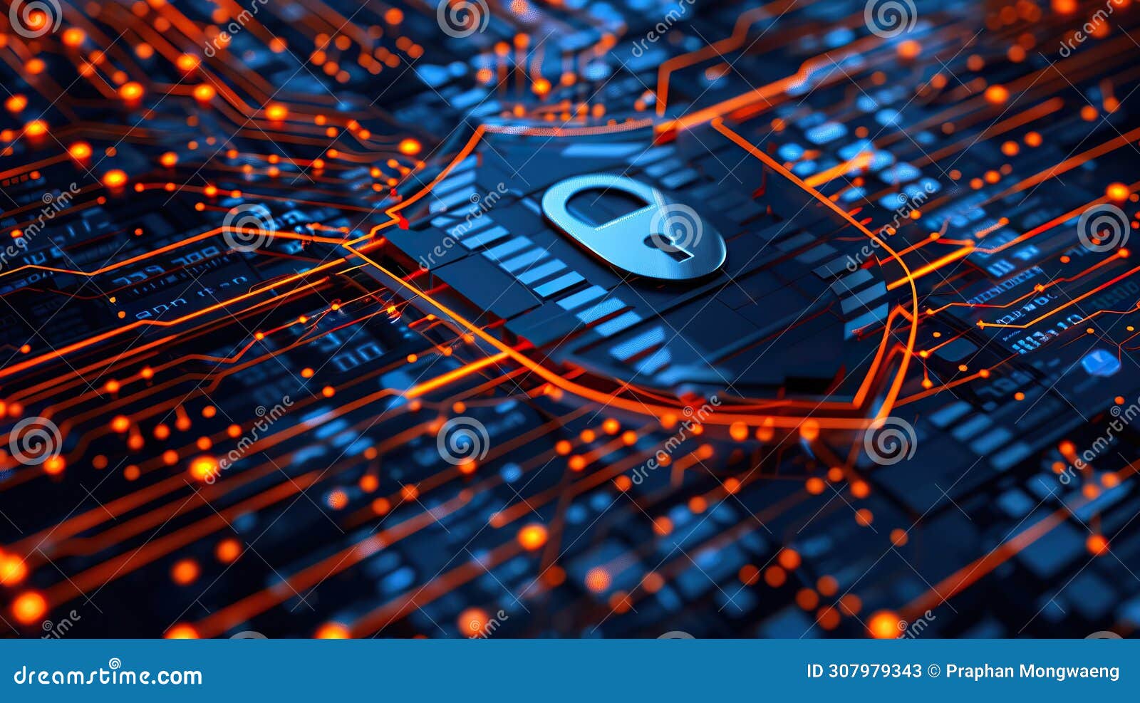3D Illustration of a Glowing Security Shield Symbol on a High-tech ...