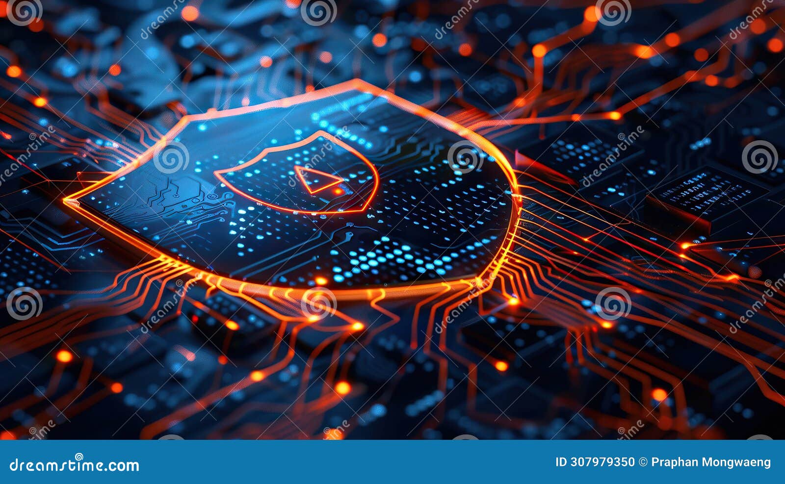 3D Illustration of a Glowing Security Shield Symbol on a High-tech ...