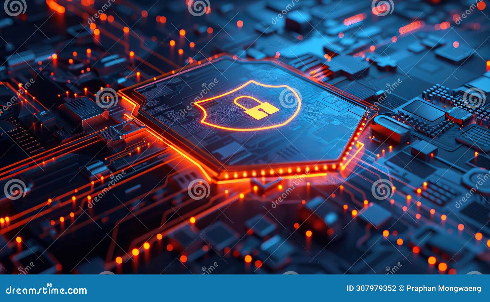 3D Illustration of a Glowing Security Shield Symbol on a High-tech ...
