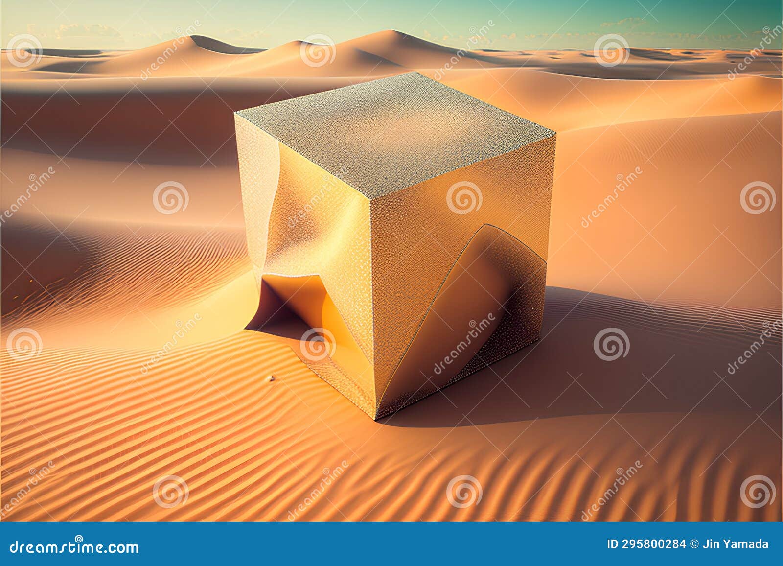 3d Illustration of Golden Cube in the Desert with Sand Dunes Stock ...
