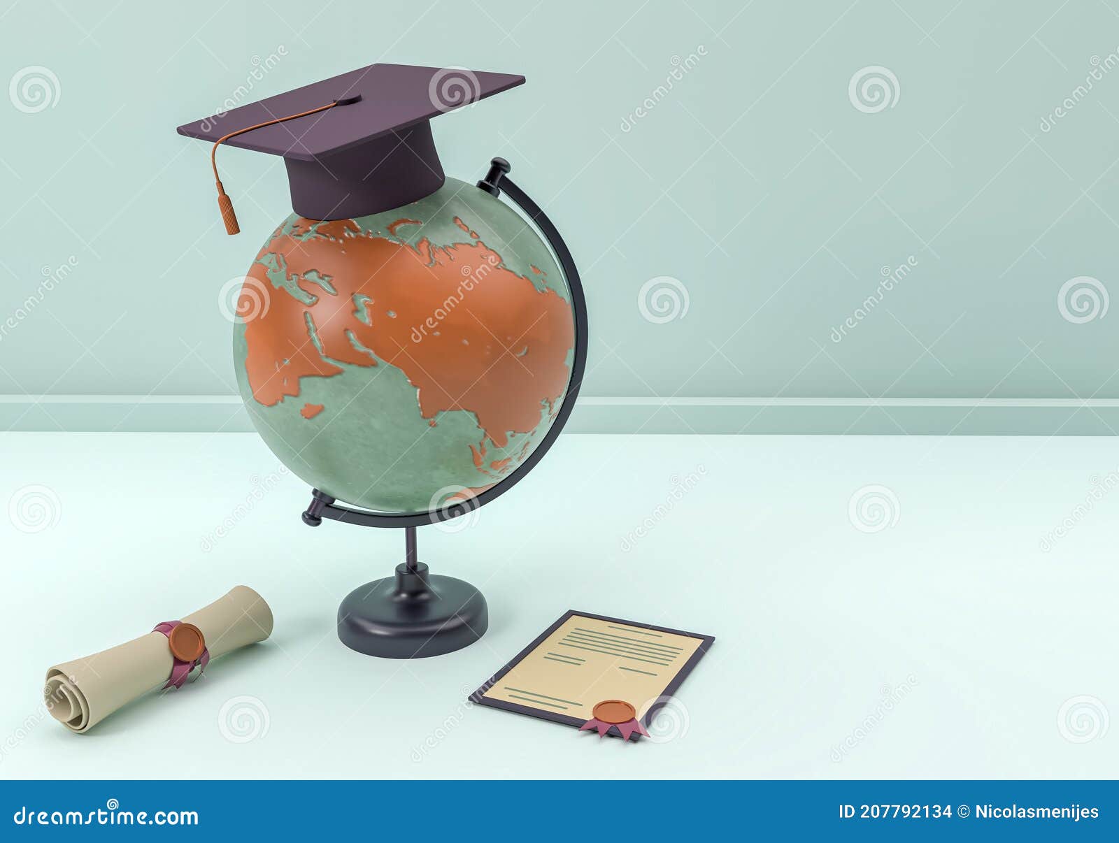 3D Illustration. Graduation Cap and Diploma with Globe. Stock ...