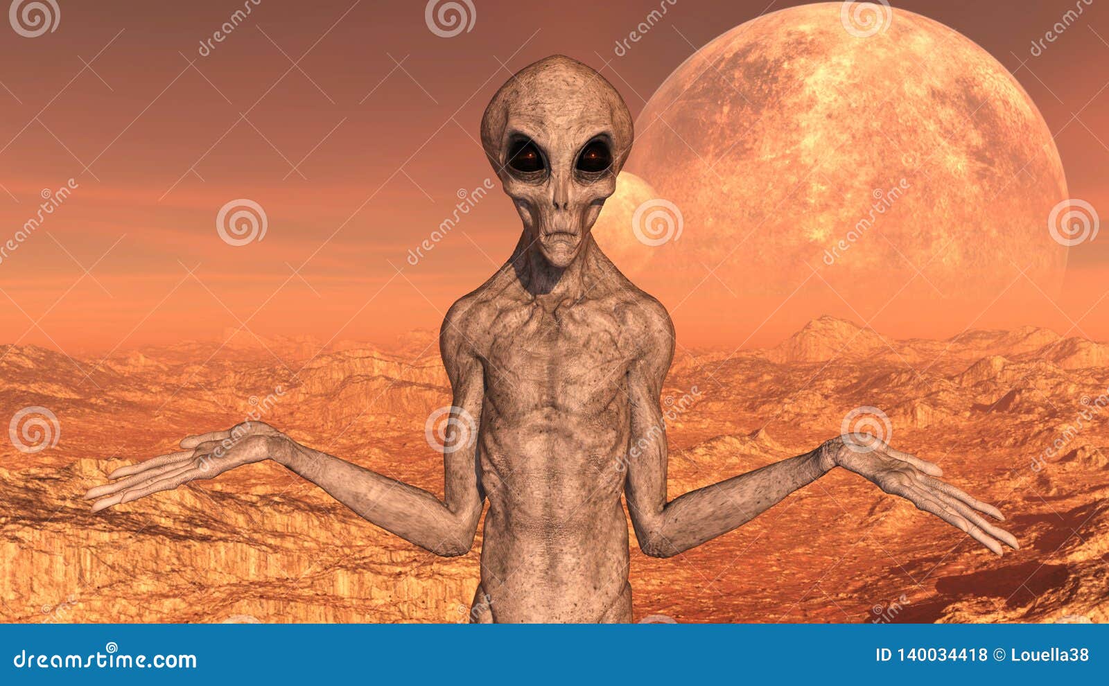 Illustration Of A Gray Alien With Arms In A Whatever Gesture With Moons ...