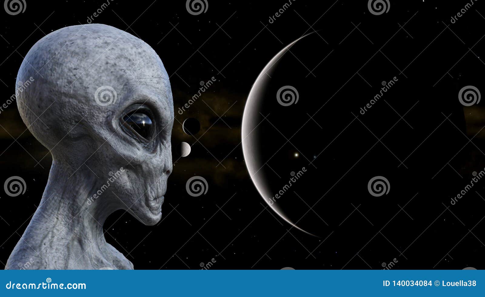 Illustration of a Gray Alien in the Foreground with Planets and Moons ...