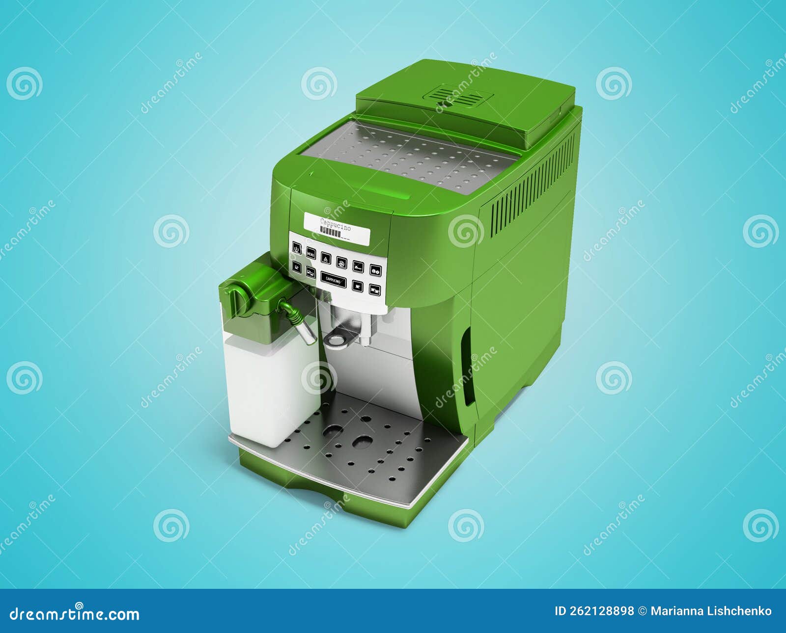 3d Illustration of Green Automatic Coffee Machine with Milk on Blue ...