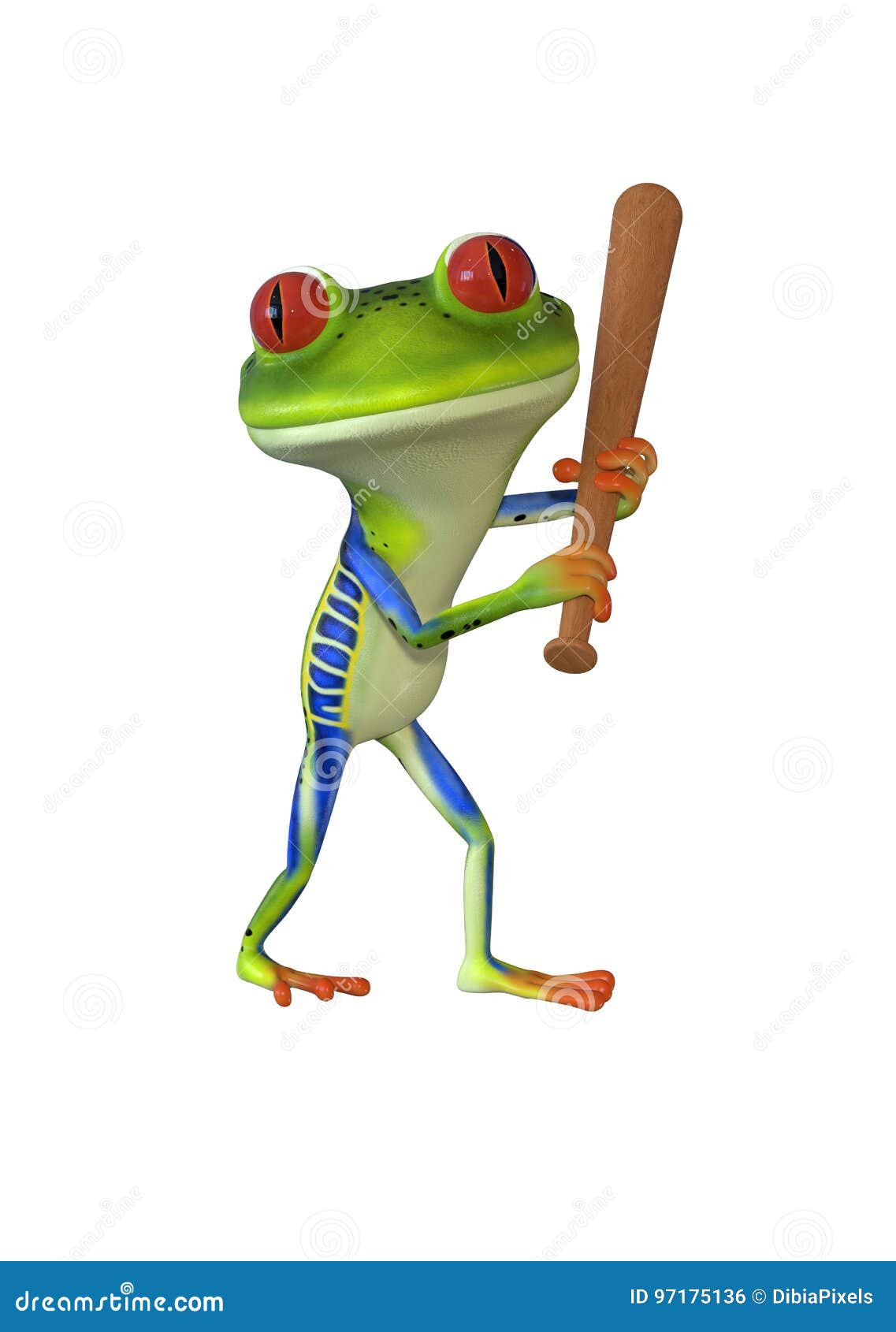 3d Illustration of a Green Cartoon Frog Holding a Baseball Bat Stock ...
