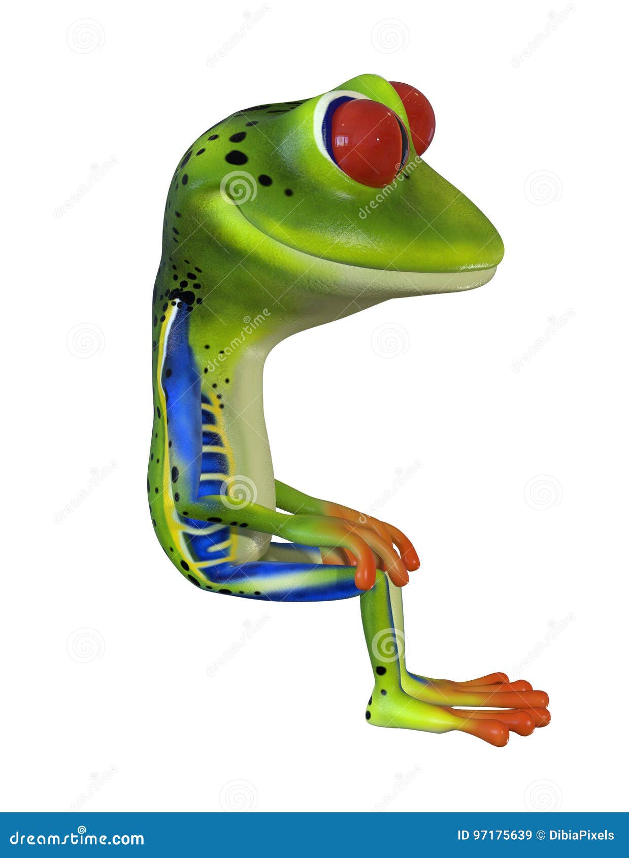 3d Illustration of a Green Cartoon Frog Sitting Down. Stock Image ...