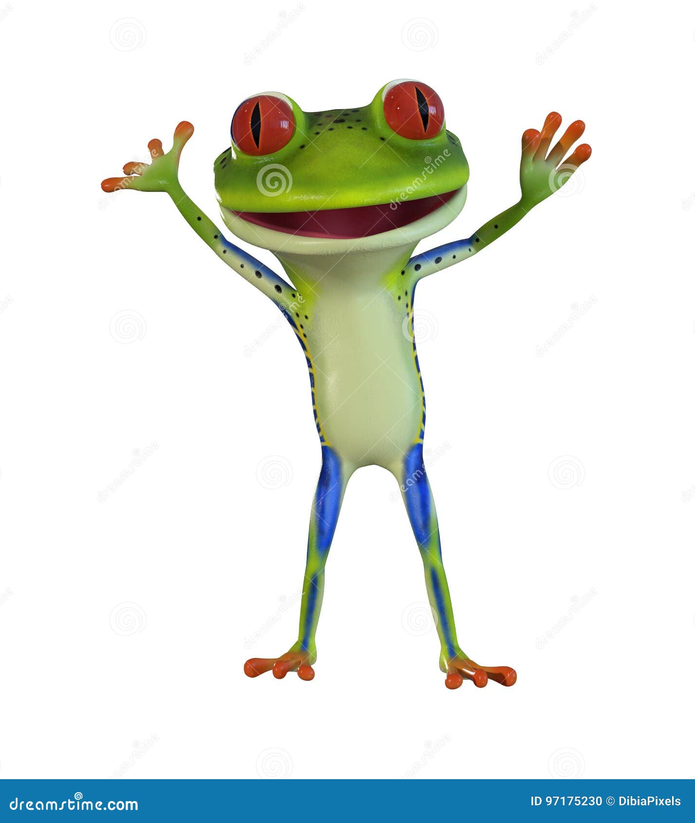 3d Illustration of a Green Cartoon Frog Waving with Both Hands. Stock ...