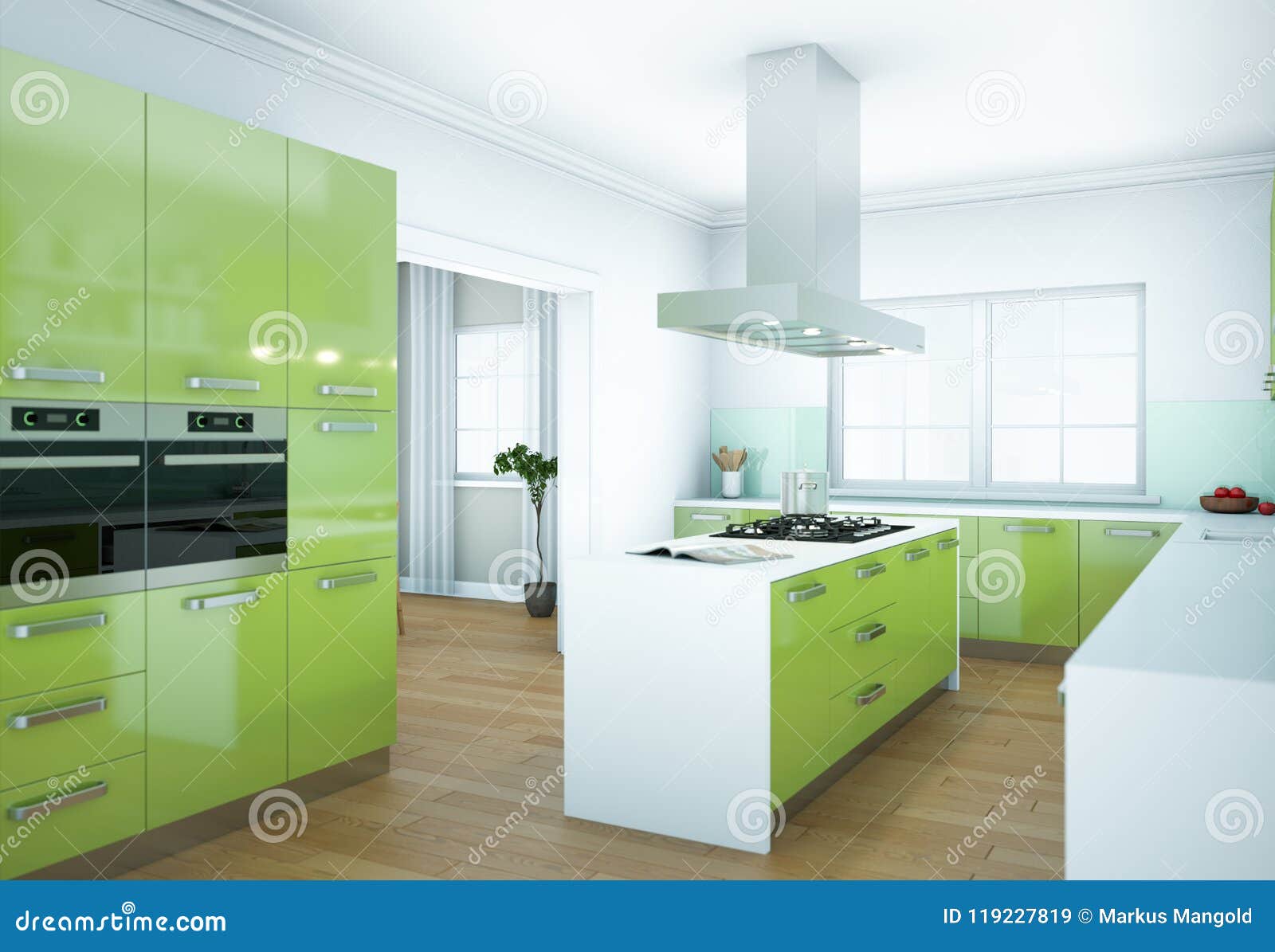 Green Modern Kitchen Interior Design Illustration Stock Image - Image ...