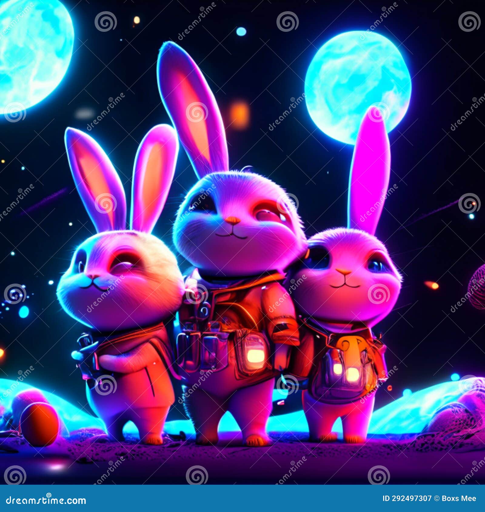 3D Illustration of a Group of Rabbits in Space with Planets and Stars ...