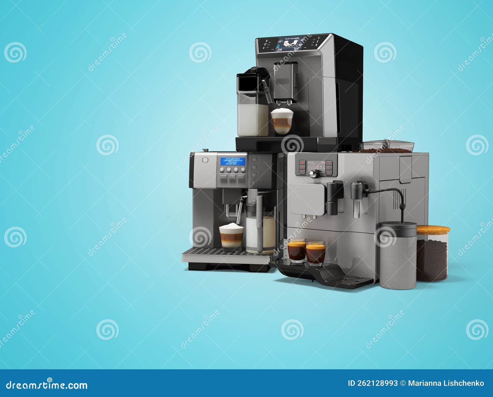 3d Illustration Group Set of Professional Automatic Coffee Machine with ...
