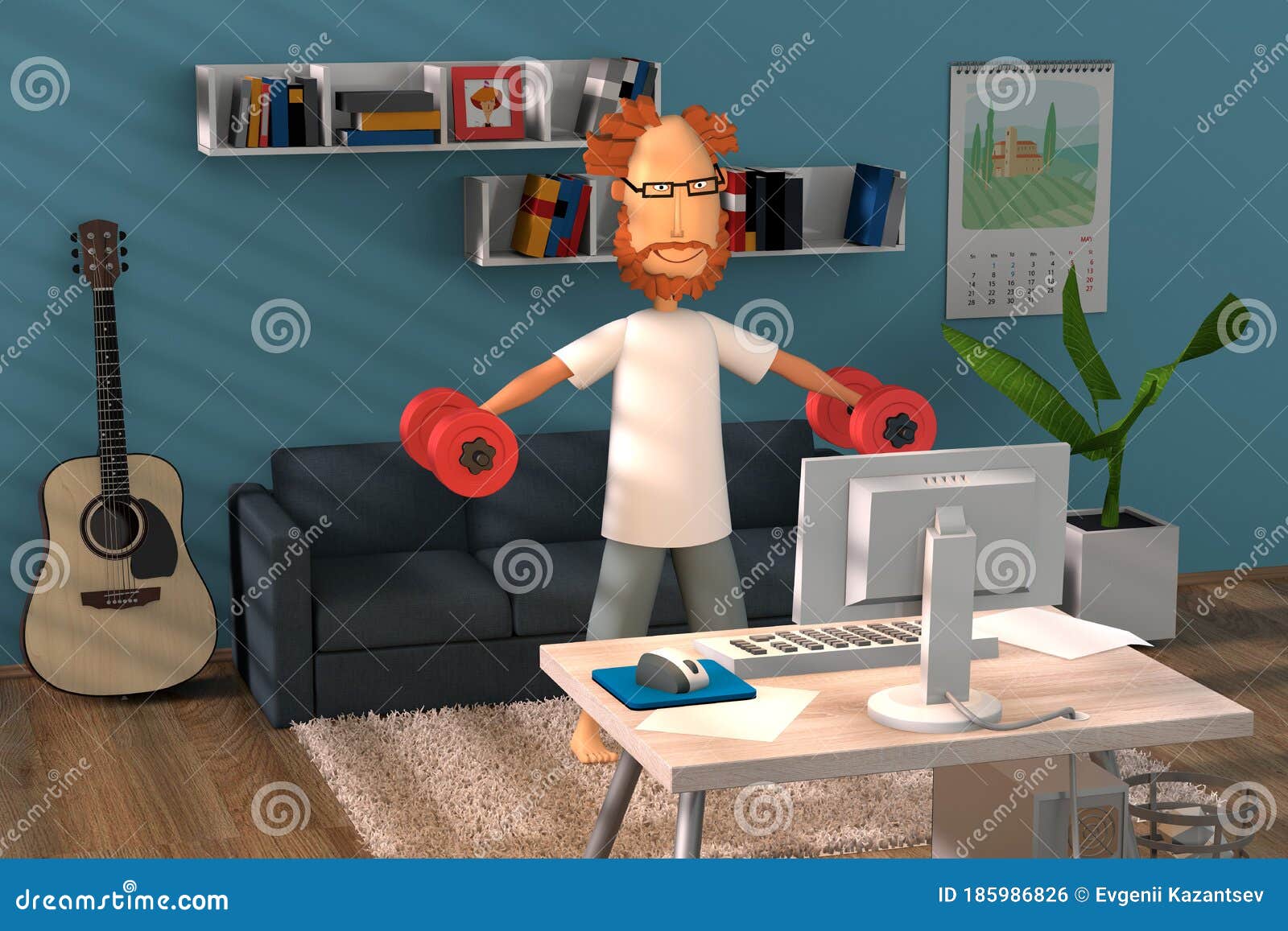 3d Illustration. the Guy Does Exercises with Dumbbells in Front of the ...