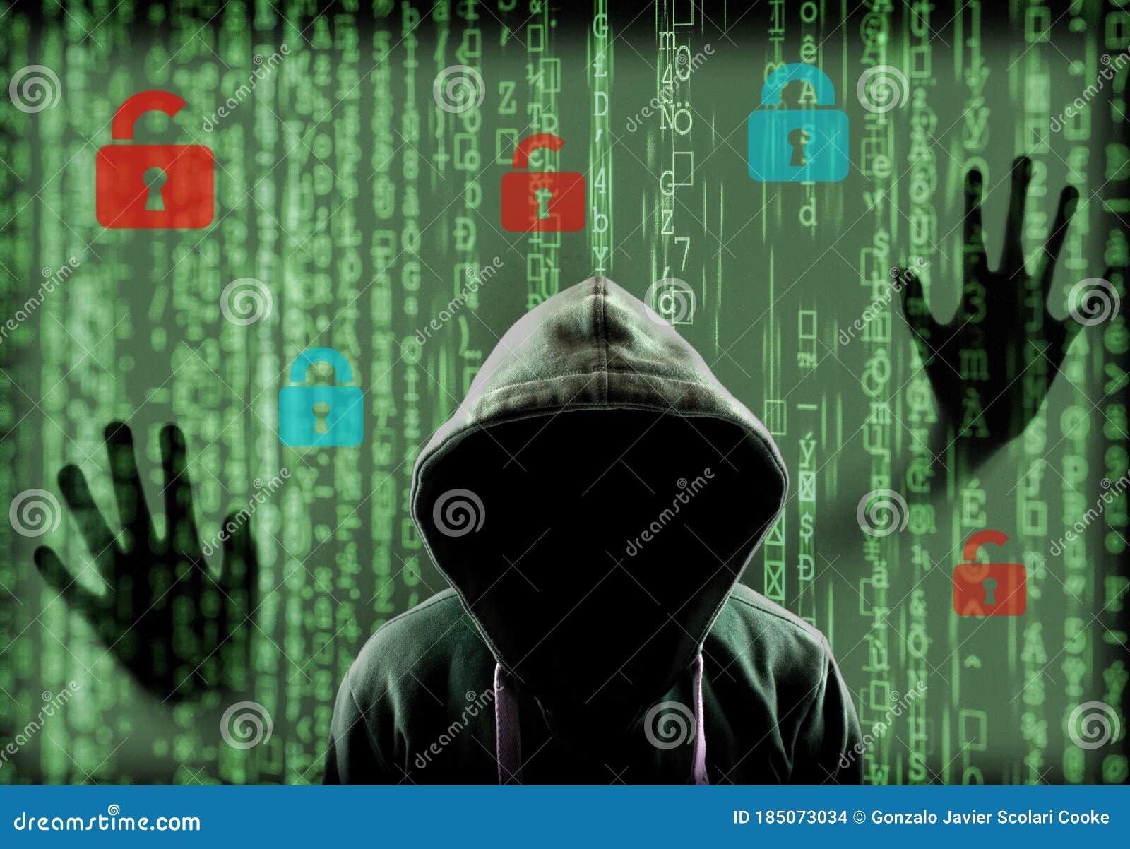 3D Illustration. Hacker Getting into the System. Open Locks. Security ...