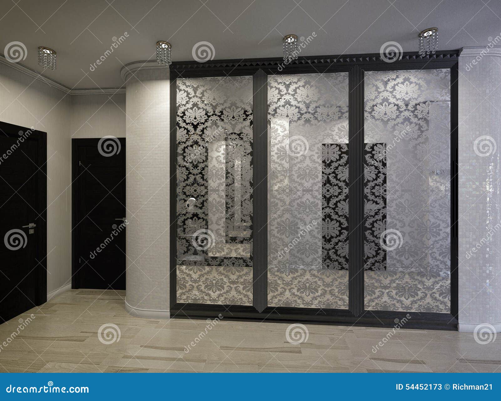 3D Illustration of a Hall in Black and White Stock Illustration ...