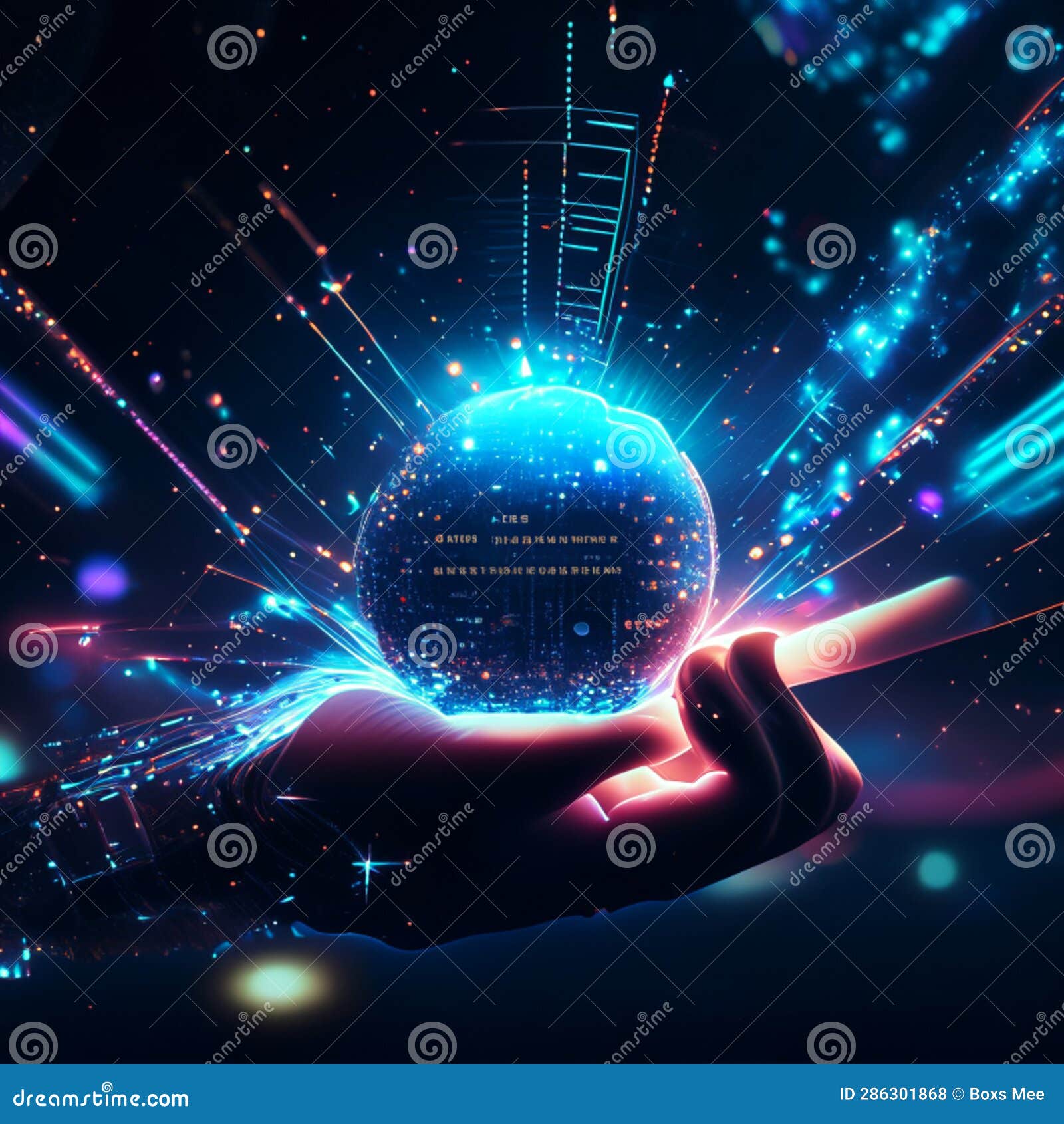 3D Illustration of a Hand Holding a Glowing Globe with a Binary Code ...