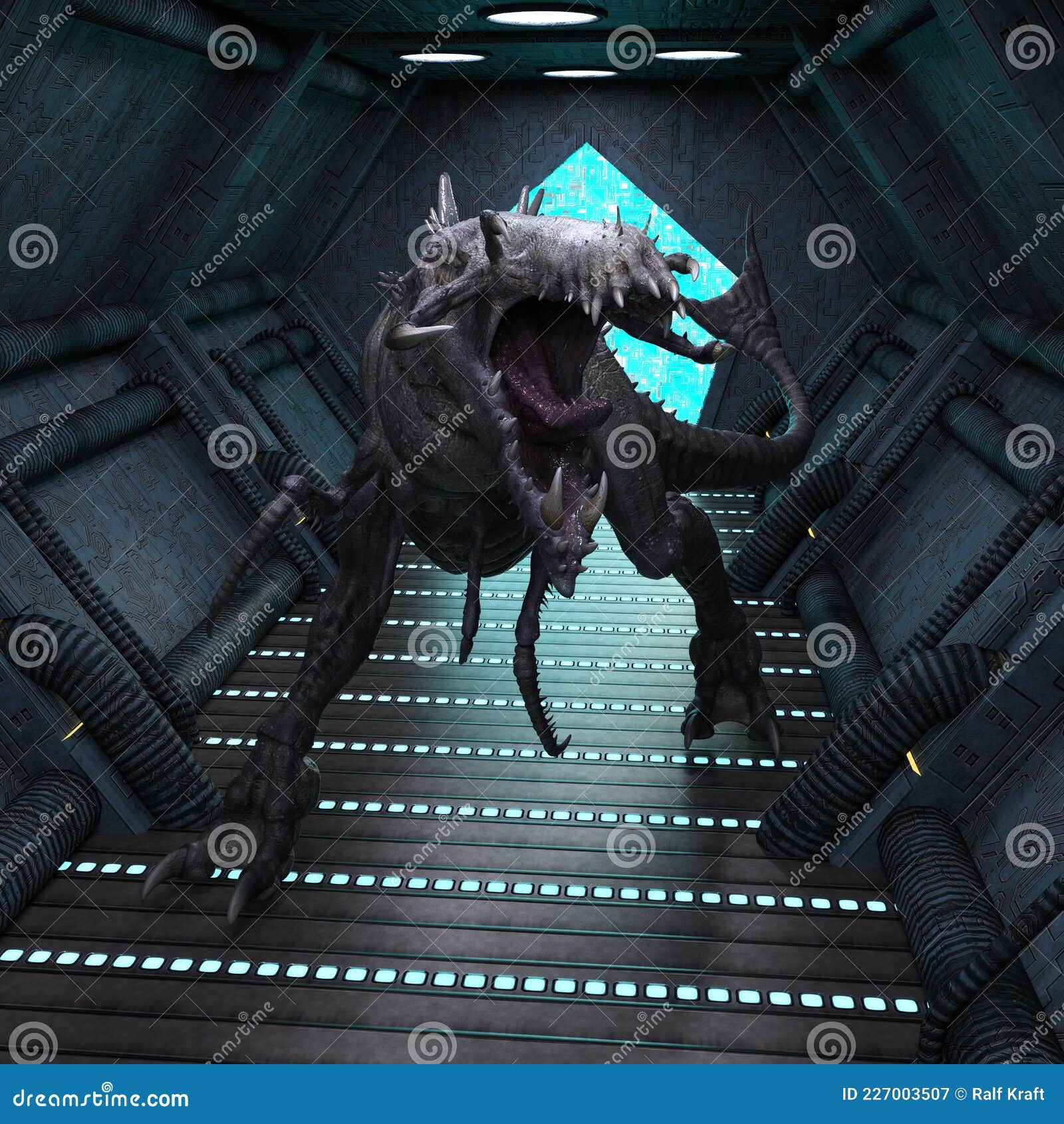 3D-illustration of a Horrible Alien Creature in a Spacehsip Stock ...